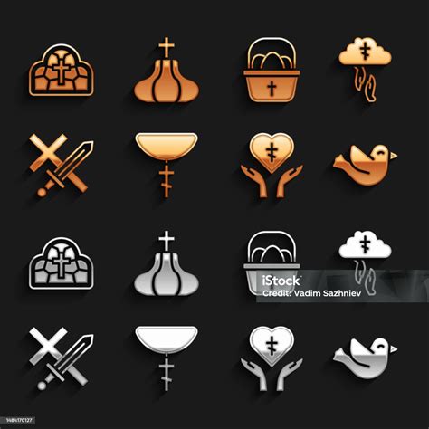 사슬에 기독교 십자가 하나님의 도움의 손길 비둘기 종교적인 마음 십자군 부활절 달걀 바구니 스테인드 글라스 및 교회 탑 아이콘을 설정하십시오 벡터 The Crusades에