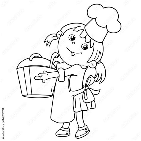 Coloring Page Outline Of Cartoon Girl Chef With Large Pot Little Cook