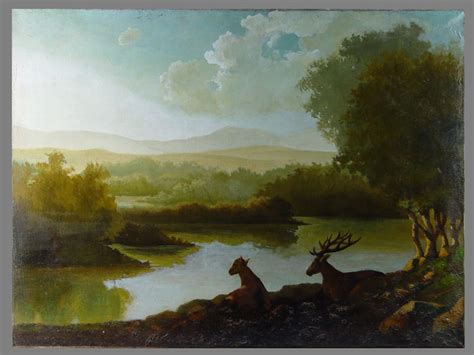 Неизвестный художник «Олени на берегу лесного озера холст масло размер 60 5 × 81 см