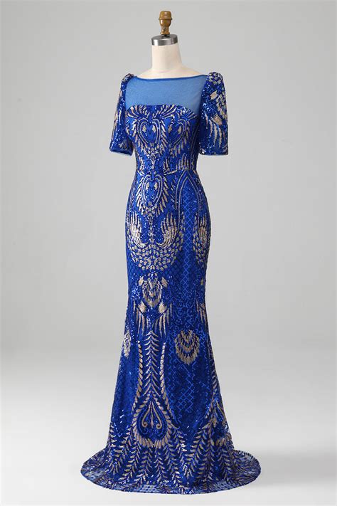 Hellymoon Women Mermaid Sequin Royal Blue Sparkly Prom Dress With Short