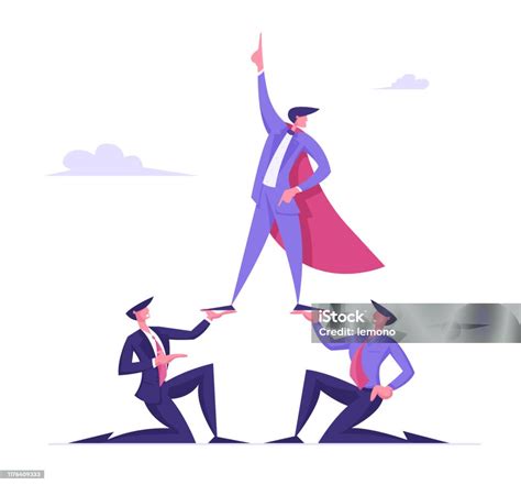 비즈니스 피라미드 개념입니다 슈퍼 영웅 망토를 입고 성공적인 매니저 또는 사업가는 하늘을 가리키는 손가락상단에 서있다 기업 리더십 및 팀 워크 만화 플랫 벡터 일러스트