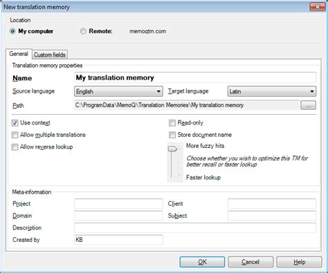 New Translation Memory Dialog Memoq