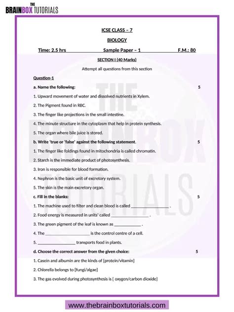 Download ICSE Class 7 Biology Sample Paper For 2021 Free PDF The Brainbox Tutorials