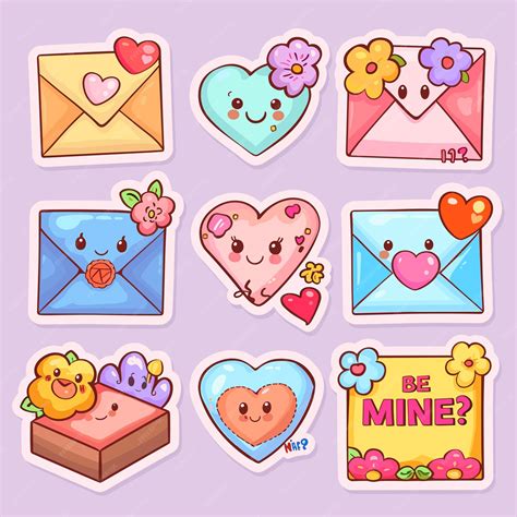 Cute Cartoon Love Letter Stickers With Hearts Flowers And Faces