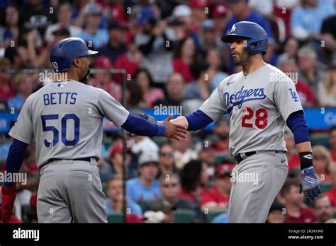 Los Angeles Dodgers J D Martinez Is Congratulated By Teammate Mookie