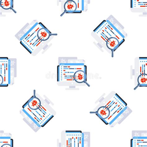 Magnifying Glass Inspecting Computer Code For Bugs On Monitor Screen Seamless Pattern Stock