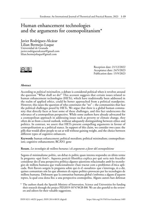 Pdf Human Enhancement Technologies And The Arguments For Cosmopolitanism