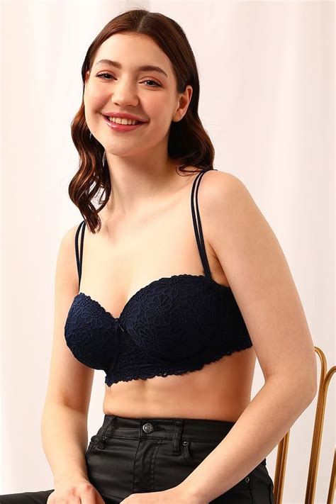 Buy Padded Underwired Full Coverage Self Patterned Multiway Strapless Balconette Bra In Navy