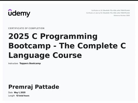 Certificate For Completion C Programming Bootcamp Premraj Pattade