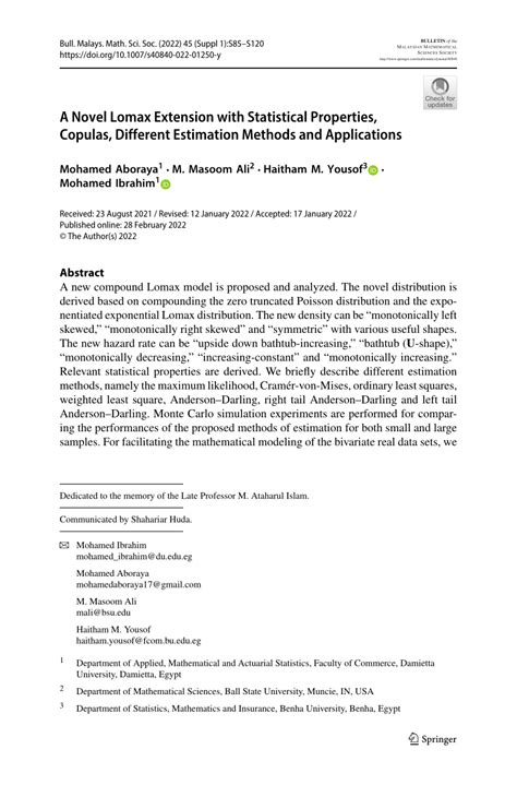 Pdf A Novel Lomax Extension With Statistical Properties Copulas