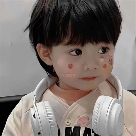 可爱萌娃头戴白色耳机，脸上贴着贴纸，尽显童真可爱 男女头像｜存3月新头像啦表情包图片动图 求表情网 斗图从此不求人