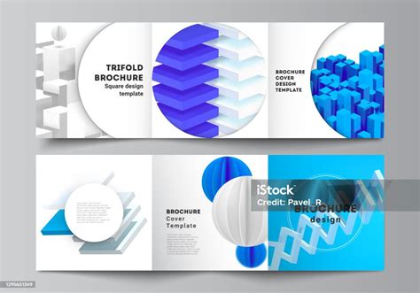 사각형의 벡터 레이아웃은 삼중 브로셔 전단지 잡지 표지 디자인 책 디자인을위한 디자인 템플릿을 다룹니다 동적 사실적인 기하학적 파란색 셰이프가 있는 3d 렌더링 벡터 컴