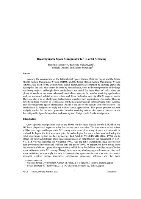 Pdf Reconfigurable Space Manipulator For In Orbit Servicing