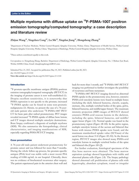 Pdf Multiple Myeloma With Diffuse Uptake On 18f Psma 1007 Positron Emission Tomography