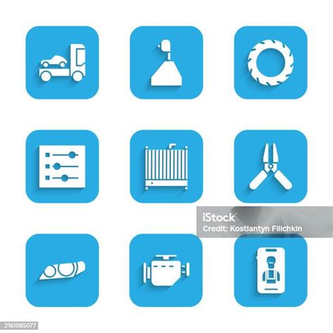 자동차 라디에이터 냉각 시스템 설정 엔진 확인 온라인 자동차 서비스 배터리 점퍼 전원 케이블 헤드 라이트 설정 타이어 휠 및 운송 트럭 아이콘 벡터 경계 표지에 대한 스톡
