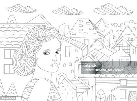 그리스 헤어 스타일을 가진 아름다운 젊은 여성이 색칠 공부 페이지를 위해 도시 풍경에 맞서 어깨 너머로 바라 봅니다 건물 외관에 대한 스톡 벡터 아트 및 기타 이미지
