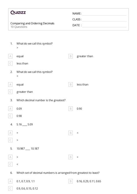 50 Ordering Decimals Worksheets For 6th Class On Quizizz Free And Printable