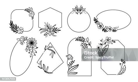 꽃 프레임 꽃 화환과 원형 테두리 타원형 빈티지 손으로 그린 간단한 월계관 가지 우아한 기하학적 봄 여름 카드 장식 소박한 스타일의 웨딩 장식 벡터 디자인 세트 꽃 식물에
