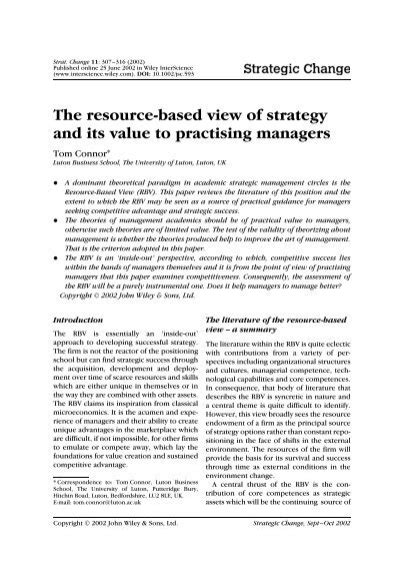 The Resource Based View Of Strategy And Its Value To Practising