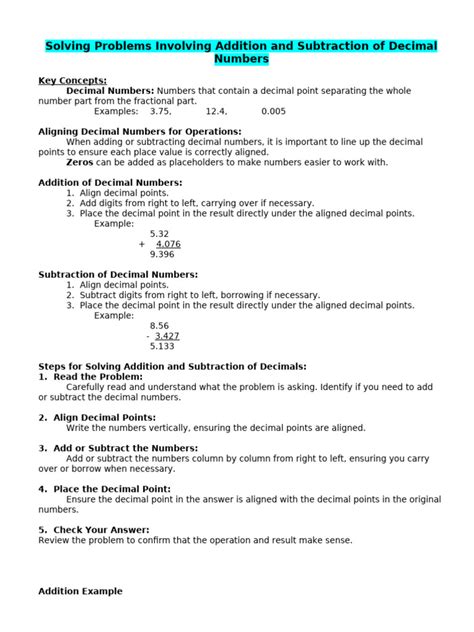 Solving Problems Involving Addition And Subtraction Of Decimal Numbers Pdf Decimal Subtraction