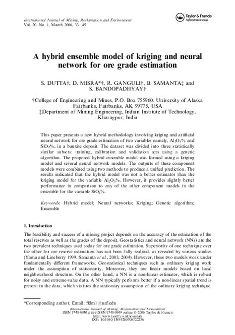 Pdf A Hybrid Ensemble Model Of Kriging And Neural Network For Ore Grade Estimation