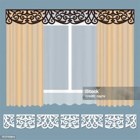 오픈 워크 램브레퀸 레이저 절단 패턴 레이스 테두리 템플릿입니다 커튼 벡터 그림을 장식하기위한 요소 나무 종이 금속 직물을 자르기위한 템플릿 0명에 대한 스톡 벡터 아트 및