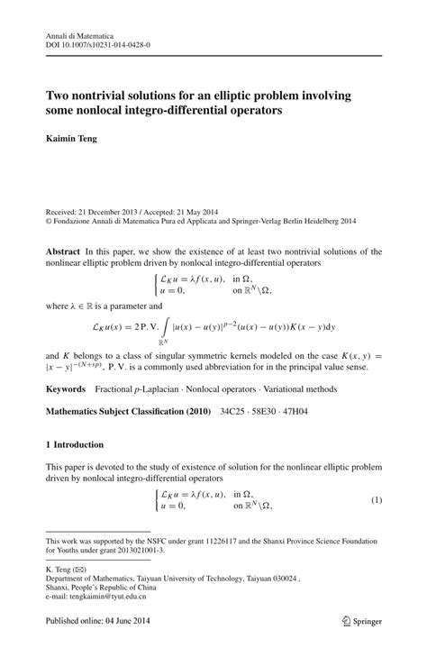 Pdf Two Nontrivial Solutions For An Elliptic Problem Involving Some Nonlocal Integro