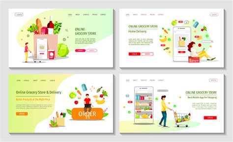 식료품 점 온라인 시장 택배 쇼핑을위한 웹 페이지 세트 식료품을 선택하고 주문하는 사람들 슈퍼마켓에 대한 스톡 벡터 아트 및