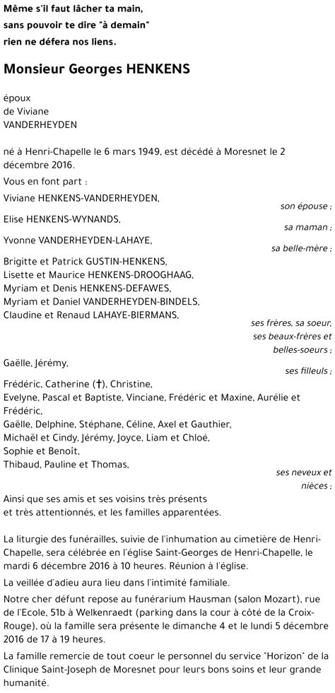 Avis De Décès De Georges Henkens Décédé Le 02 12 2016 à Moresnet