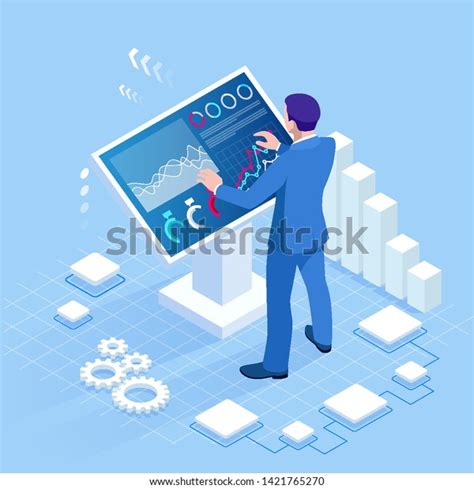Isometric Digital Monitor Infographics Male Standing Stock Vector Royalty Free 1421765270