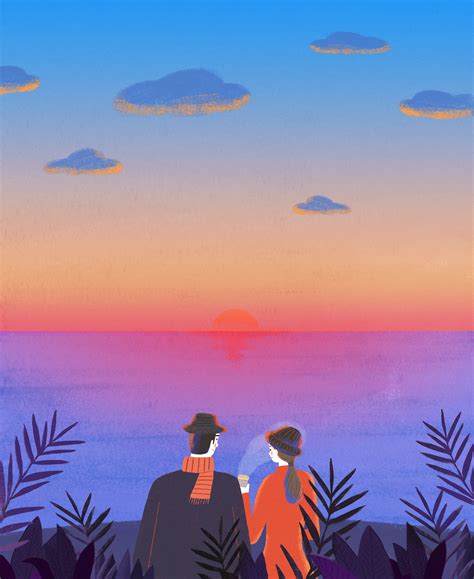 감성 겨울 계절 구름 남자 데이트 두명 뒷면 바다 사람 새해 시작 어른 여자 여행 일러스트 일출 커플 커피 하늘 희망 Emotion Winter Newyear