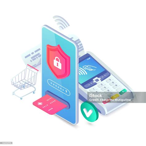 온라인 보안 Nfc 스마트 폰 지불 등등 측정 개념 3d 휴대 전화 Pos 단말기 웹 배너 모바일 앱 인포 그래픽용 장바구니가 있는 인터넷 결제 보호 벡터 일러스트레이션 3