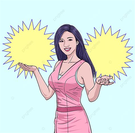 패션 판매 아름다운 여성이 손을 들고 팝 아트 만화 스타일의 추상 점 배경에서 매력 삽화 벡터로 웃고 있습니다 마법 행복 팝 Png 일러스트 및 벡터 에 대한 무료