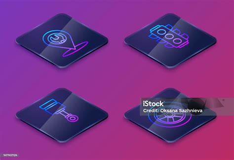 아이소메트릭 라인 자동차 서비스 엔진 피스톤 신호등 및 자동차 휠을 설정합니다 파란색 사각형 버튼 벡터 3차원 형태에 대한 스톡 벡터 아트 및 기타 이미지 Istock