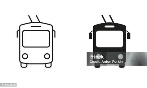 트롤리 버스 라인과 실루엣 블랙 아이콘 세트 트롤리 버스 전면 보기 픽토그램 도시 전기 대중 교통 개요 및 단색 기호 컬렉션에 대한 정류장 고립된 벡터 그림 거리에 대한