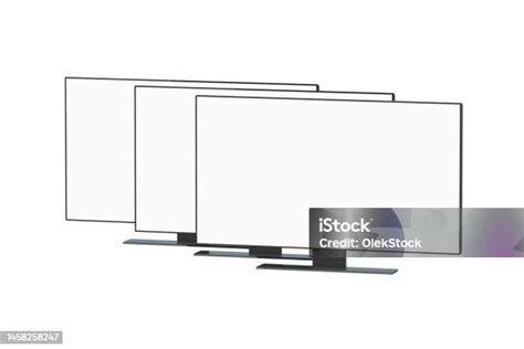 흰색 배경에 격리된 흰색 화면이 있는 평면 와이드 Tv 3개 4k 빈 모니터 프레젠테이션을 위한 와이드스크린 액정 패널 3d 렌더링 0명에 대한 스톡 사진 및 기타 이미지