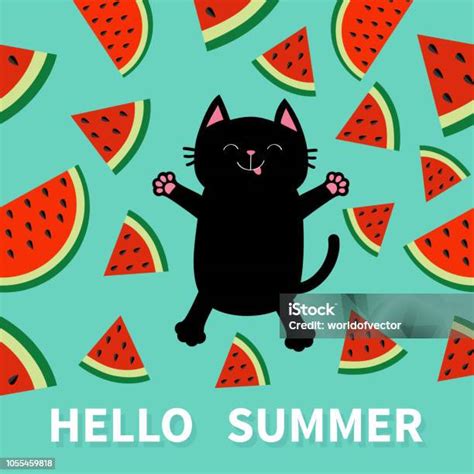 안녕하세요 여름 검은 고양이 점프 또는 눈 천사를 만드는 수 박 조각 아이콘 씨앗 삼각형 과일 컷으로 잘라 귀여운 만화 캐릭터입니다 녹색 배경 패턴 평면 디자인입니다 검은