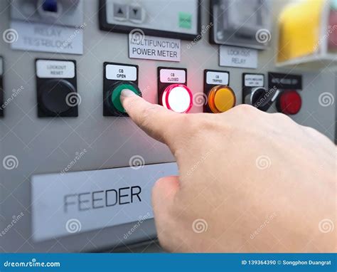 Engineer Hand Push Green Button To Open Open On Off Start Stop Breaker Feeder Of Electric High