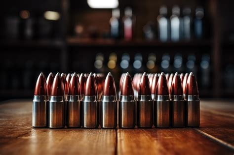 Bullets In A Row On A Wooden Table Shallow Depth Of Field Premium Ai