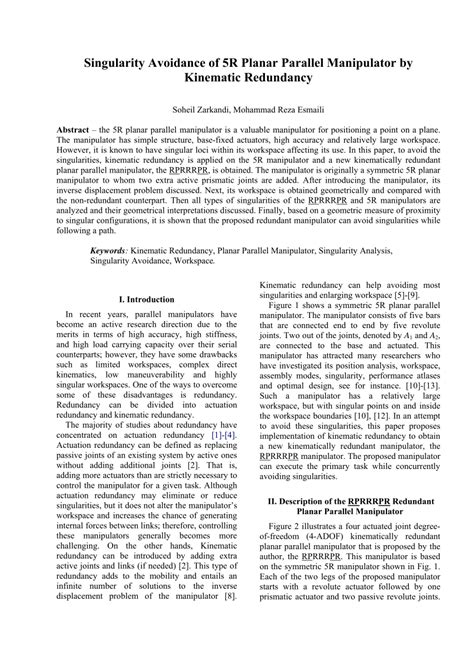 Pdf Singularity Avoidance Of 5r Planar Parallel Manipulator By Kinematic Redundancy