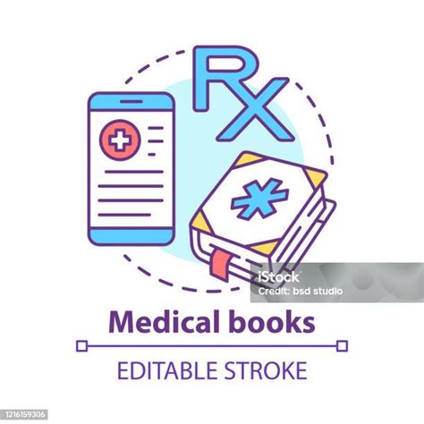 의료 도서 개념 아이콘입니다 건강 치료 문헌 아이디어 얇은 라인 그림 의학 및 응급 처치 지침 치료 권장 사항 벡터 절연 윤곽선 도면 편집 가능한 스트로크 개념에 대한 스톡