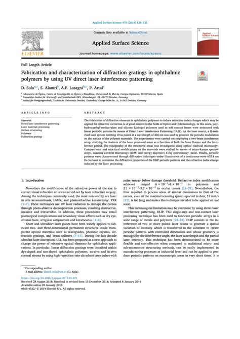 Pdf Fabrication And Characterization Of Diffraction Gratings In Ophthalmic Polymers By Using