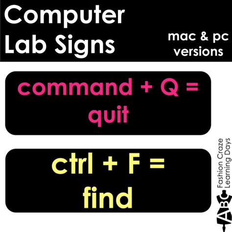 Computer Lab Keyboard Shortcut Signs For Mac And PCs Black Version Made By Teachers