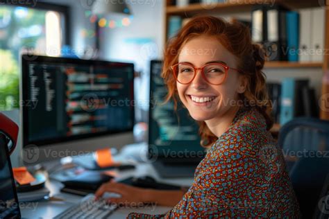 Smiling Female Programmer Coding On Desktop Pc Software Engineer Woman Working In Office