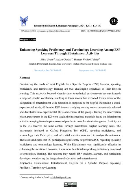 Pdf Enhancing Speaking Proficiency And Terminology Learning Among Esp