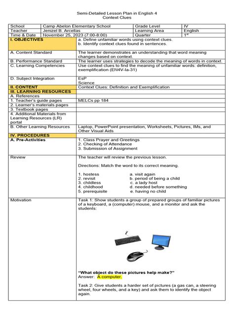 Lesson Plan In English 4 Context Clues Pdf Lesson Plan Learning