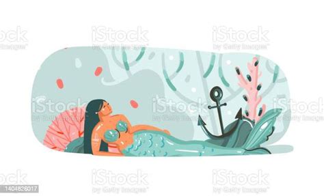 손으로 그린 된 벡터 추상 만화 여름 시간 그래픽 수 중 일러스트 아트 템플릿 배경 바다 바닥 아름다움 인 어 소녀와 복사 공간 장소 흰색 절연 텍스트에 대 한 로고에 대한