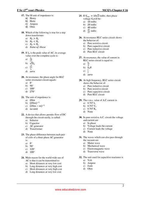 Solution Physics Chapter 16 Alternating Current For 12th Class Mcqs