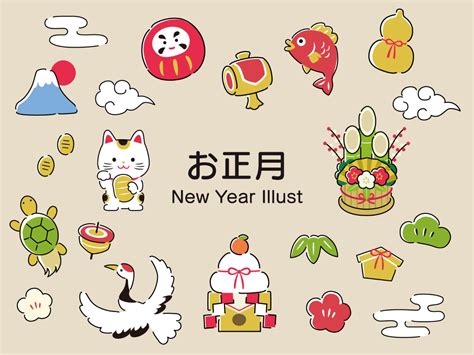 ゆるっとお正月アイコンセット＊年賀 ポップなイラスト 正月 デザイン イラスト 鏡餅 イラスト