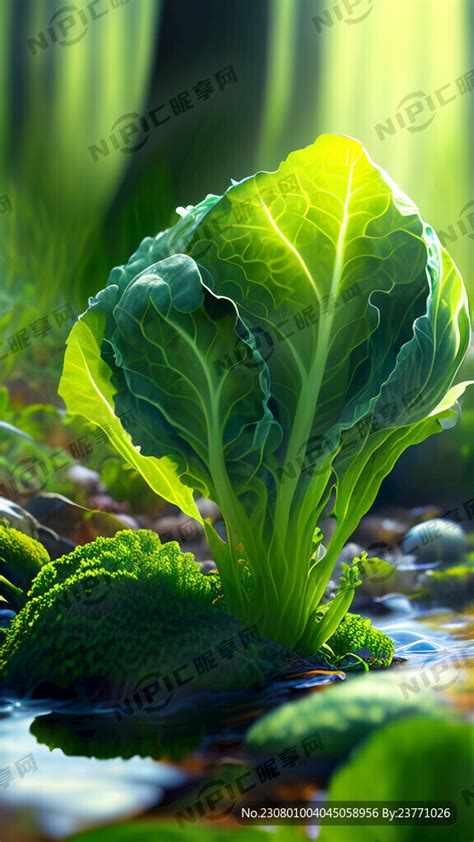 Ai创作图青菜 茂盛的青菜 特写 森林里 一条小溪 几片木耳 阳光明媚 昵图网